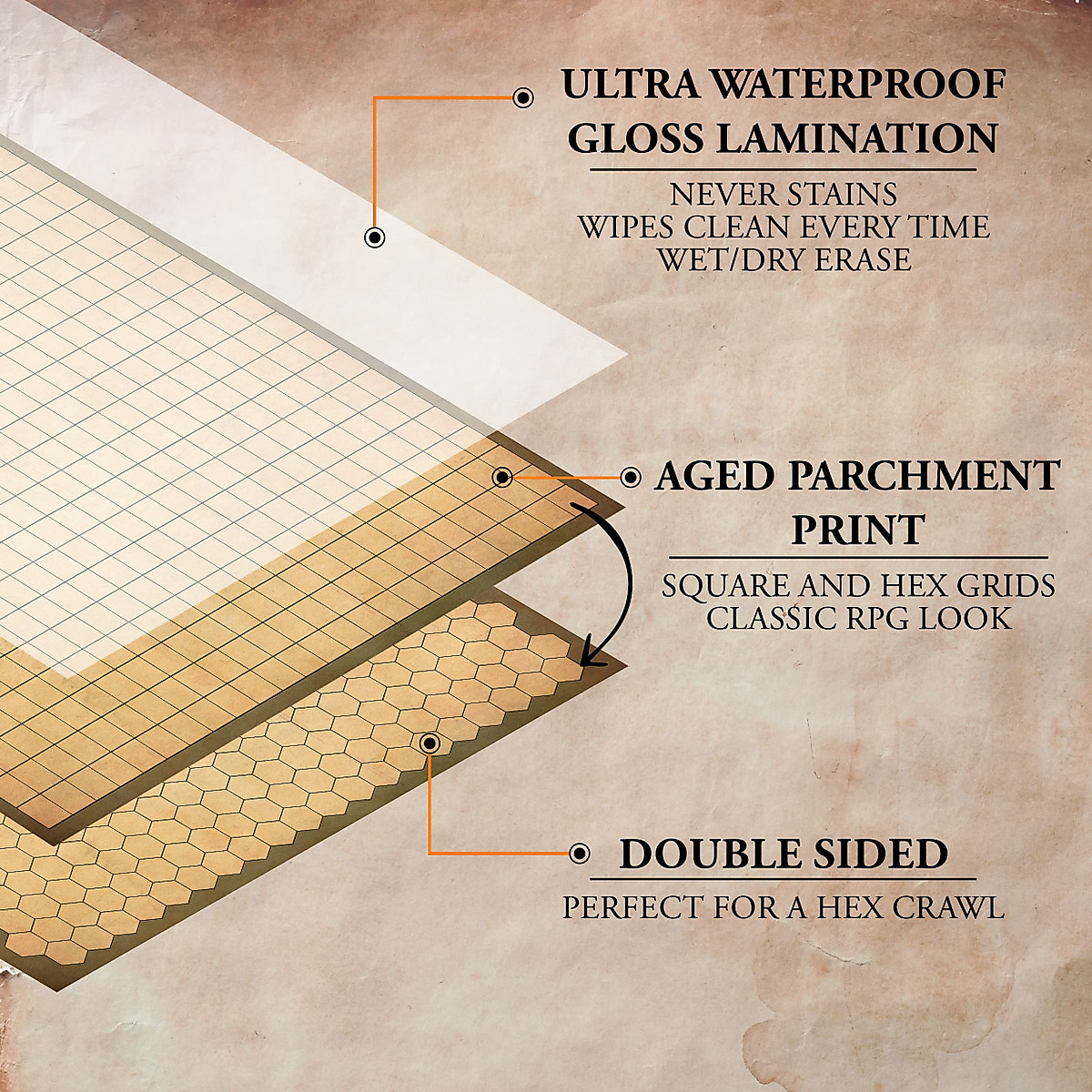 Parchment of Planning - 24x24 Square & Hex Dry Erase Battle Mat Game Board - 60FT Distance Ruler and Monster Tokens