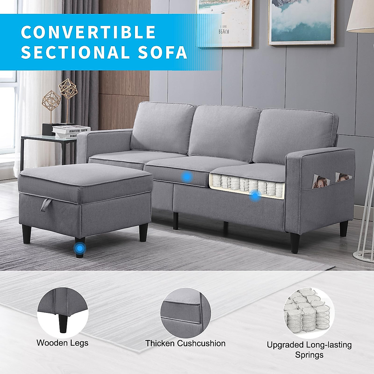 ADOWORE 90inch l Shape Couch for Living Room,3-Seater L Shape Sectional Couch L Shape for Small Space,Small Convertible Sectional Sofa w Ottoman for Apartment