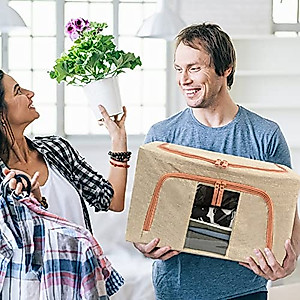 Tasmegol Foldable Clothes Storage Bins Stackable Steel Frame Closet Containers Organizer Bags Linen Cloth Clothing Box for Sweater Bedding Blanket（Beige 3 Pack 100L）