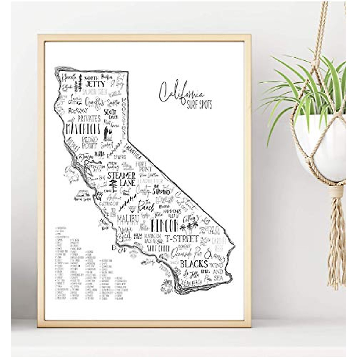 Surf California Map - Beach Wall Decor - 16 x 20 Inch Art Poster of California Surf Breaks - Unique Wall Art for Coastal, Ocean, Nautical & Surfboard Themed Decor - Poster Frame NOT Included
