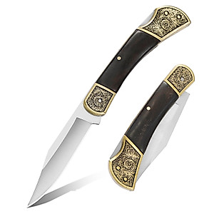 FU-GLBY Embossing Bolster Pocket Folding knife Wood handle EDC Knives Tools (black)