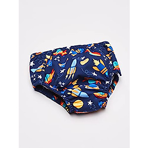 Swim Time Boys' Reusable Swim Diaper UPF 50+ with Side Snaps, Navy Space/Rocketships, X-Large