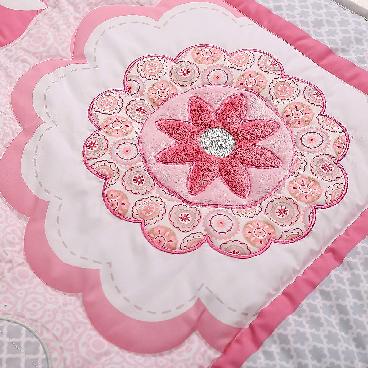 5 PCs Pink Floral Nursery Crib Bedding Set Embroidery Birds Flower Baby Girl Cot Bedding Set Quilt + Fitted Sheet + Skirt + Window Valance + Changing Pad Sheet