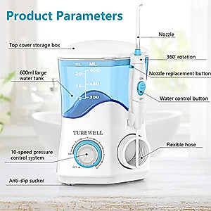 TUREWELL Water Dental Flosser for Teeth/Braces, Water Teeth Cleaner Pick 8 Jet Tips and 10 Pressure Levels, 600ML Large Water Tank Oral Irrigator for Family(White)