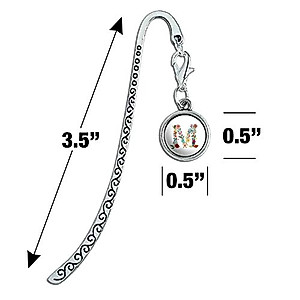 Letter M Floral Monogram Initial Metal Bookmark Page Marker with Charm