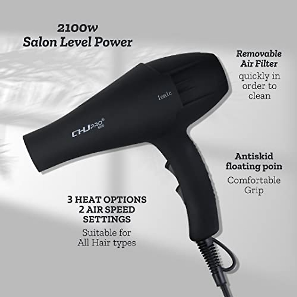 CHJPRO Professional Ionic Salon Hair Dryer, Professional 2100W Blow Dryer, Powerful Ceramic Tourmaline Quick Drying Lightweight Travel Hairdryers for Normal & Curly Hair, Includes 2 Concentrator