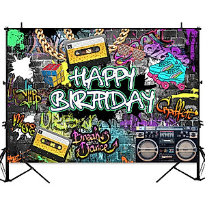 Sensfun Graffiti 80's 90's Birthday Backdrop Urban Retro Hip Hop Birthday Party Background Gold Chain Glasses Cartridge Tape Recorder Disc Rock Birthday Decoration Banner Photo Booth Props 7x5ft