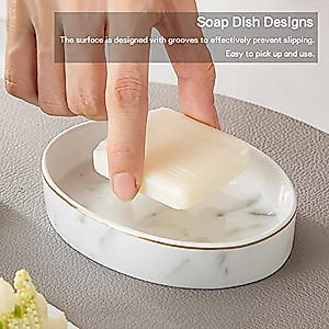 RUNLAIKEJI White Bathroom Accessories Set 4 Pcs,Home Bathroom Counter Set, Marbling Ceramic Bathroom Accessories with Soap Dispenser, Soap Dish, 2 Mouthwash Cups Box Packaging