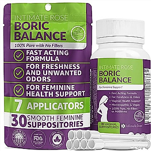 Intimate Rose Boric Acid Suppositories - Manages Odor - Promote pH Balance for Women Vaginal Health - 30-Count Medical Grade Boric Acid (600mg) + 7 Applicators