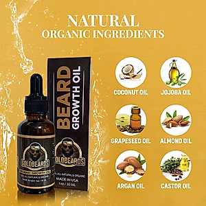 GOLDBEARDS GROWTH Beard Oil, 100% Pure Natural for Groomed Beards, Mustaches, & Moisturized Skin 1 Oz Infused with Argan, Jojoba, Avocado, Vitamin E, Biotin and Almond Oils