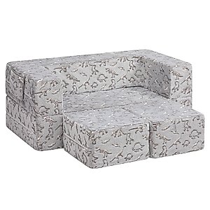 ALIMORDEN 3-in-1 Modular Toddler Couch, Glow-in-The-Dark Dinosaurs Flip Out Kids Couch, Nugget Couch with Two Ottomans and Side Pocket for Boys and Girls, Grey