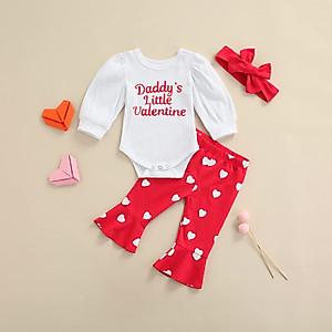 Sunwittafy Toddler Baby Girl Daddy's Little Valentine Clothes Letter Romper Puff Sleeve Romper Heart Print Flared Pants Headband