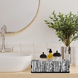 Birch Trees Bathroom Basket Small Storage Bin Fabric Toilet Paper Basket Foldable Organizer Grey Black Baskets for Bathroom Countertop Decor, 2 Pack