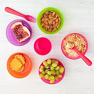 Cuddly Hippo Kids Plastic Dinnerware Set of 36 Multi Color Pieces (Plates, Bowls, Cups and Flatware) - Reusable, BPA-Free, Dishwasher Safe and Microwaveable