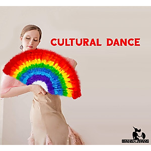 Rainbow Feather Folding Hand Rave Fan 45cm, Fancy Dress Wedding Party Gift Outdoor Vintage Dance Photoshoot Pride Hand Fan Gay Fan(LGBTQ)