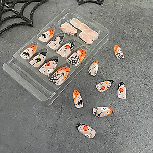 Halloween Acrylic Press on Nails Almond Shape Fake Nails Short Full Cover Glue on Nails Halloween Stick on Nails Cute Ghost Pumpkin Bat False Nails with Designs Halloween Pink&Black Manicure Art 24Pcs