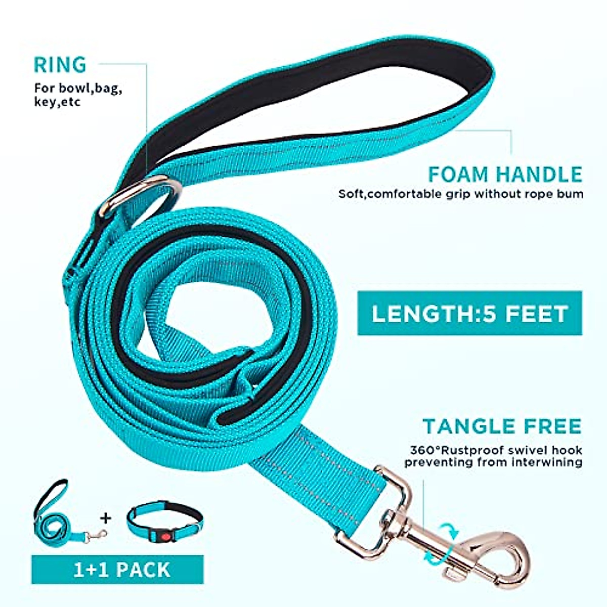 Tpotato Reflective Dog Collar And Leash Set,Adjustable Neoprene Padded Nylon Collars, 6 FT Heavy Duty Dog Leash 2 Comfortable Handles Safety Locking Buckle for Puppy Small Medium Extra Large Breed Dog