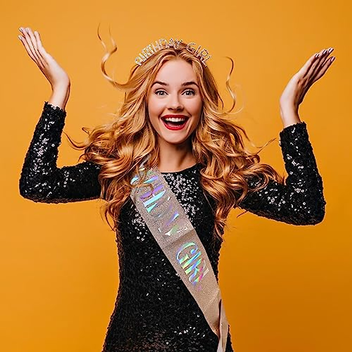 PAPARELA Birthday Crown Rose Gold Birthday Sash Rhinestone Tiara Set for Girl Headband Princess Crowns for Birthday Party Pageant Gifts for Women