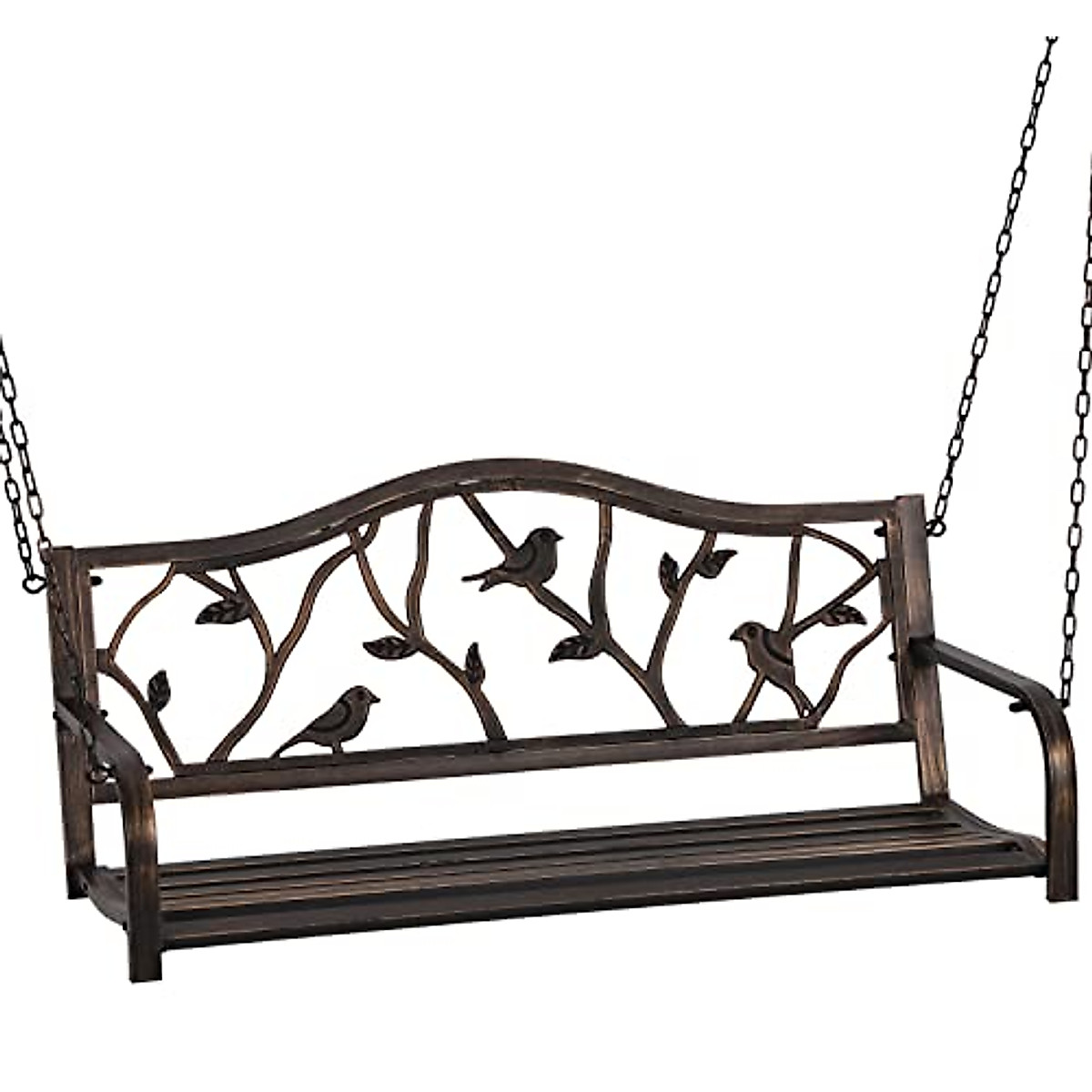 MFSTUDIO 50 Inches Patio Front Porch Swing,Outdoor Iron Metal Swing Chair with Chains,Pastoral Bird Backrest,Steel Hanging Bench Chair for Garden,Yard,Deck-Bronze