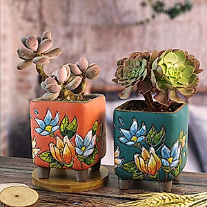 Summer Impressions 4.88 Inch Tall Hand Painted Square Succulent Planter Cactus Planter Pot Bonsai Pot Clay Pot Flower Pot Floral Design Indoor Outdoor Pack of 2 (Tall Square Orange and Green)