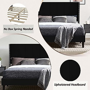 Upholstered Queen Size Platform Bed Frame with Headboard, Tufted Platform Bed Frame with Wooden Slats Support, No Box Spring Needed and Easy Assembly for Bedroom Living Room Small Space (Black)