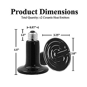 Mandala Crafts Heat Lamp for Reptiles - Ceramic Heat Emitter Infrared Light Bulb with No Light for Chicken Coop Turtle Bearded Dragon Dog Pet Brooder 100W Pack of 2 Black