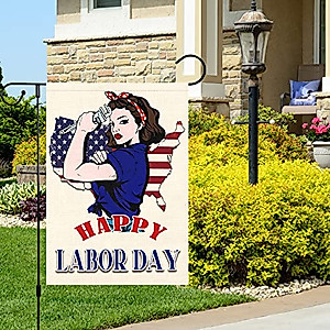 Happy Labor Day Garden Flag Celebrate Labor Day Woman Working Patriotic USA Flags 12 x 18 Double Sided Burlap Banner for Home House Outdoor Garden Yard Lawn Decor(ONLY FLAG)
