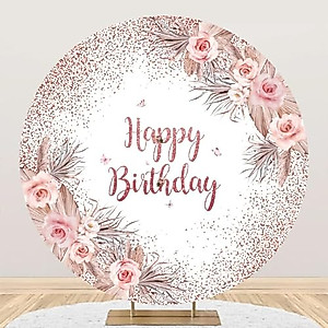 YongFoto 7x7ft Floral Happy Birthday Round Backdrop Cover Glitter Spring Pink Flowers Girl Birthday Party Circle Photography Background Cake Table Decor Kids Adults Photo Studio Props