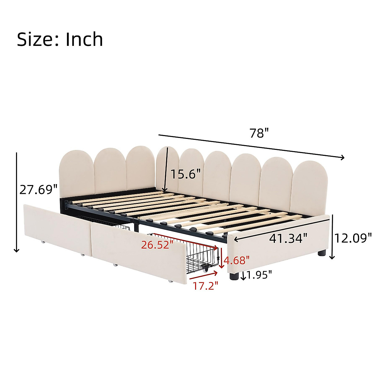 Nahenduo Twin Size Velvet Daybed with 2 Storage Drawers, Upholstered Corner Bed Frame with Arch-Shaped Headboard for Kids Girls and Boys, No Box Spring Needed (White, Twin)