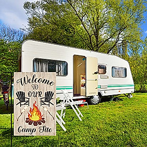 Louise Maelys Spring Summer Camper Camping Garden Flag for Campsite Vertical 12x18 Double Sided, Welcome to Our Camp Site Small Camping Flags Outdoor Fire Pit Camper Camping Campsite Decoration (ONLY FLAG)