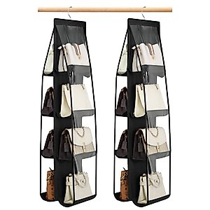 EsLuker.ly 2Pcs Hanging Purse Bag Organizers with 8 Large Easy Access Pockets, Premium Clear Handbag Storage Holder Space Saving Organizer System for Closet Wardrobe (Black)