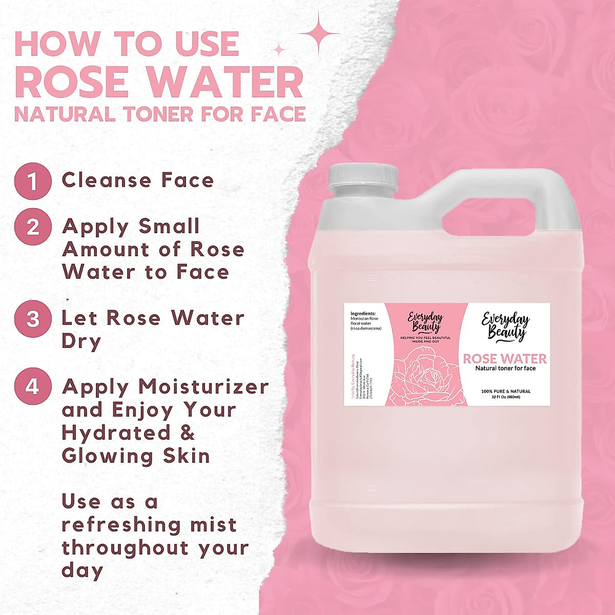 Rose Water Facial Toner - 32oz Bulk Alcohol-Free Vegan All Natural Refreshing for Face and Hair - Uplifts, Calming & Soothing for All Skin Types