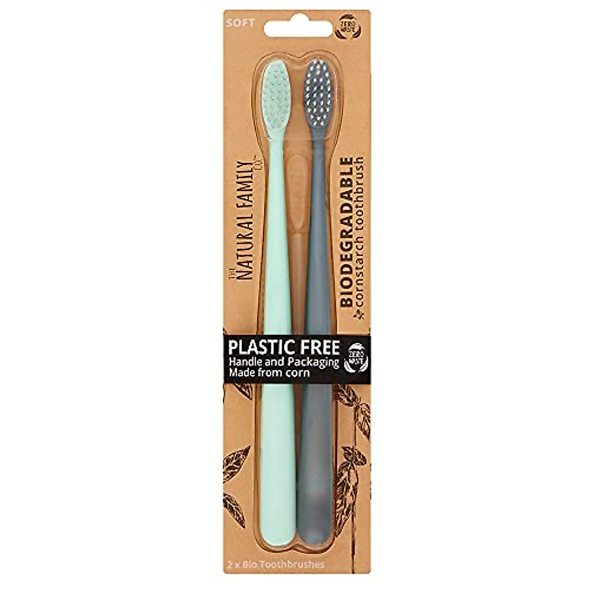 The Natural Family Co. Bio Toothbrush, Soft Nylon Bristles with Non GMO Cornstarch Handles, Plastic Free Packaging and Rivermint and Monsoon Mist Twin Pack