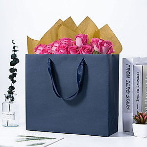 Driew Extra Large Navy Blue Gift Bag, 12 Pcs, 12.6x4.5x11 inches Kraft Paper, Ribbon Handles, Ideal for Wedding, Party, Shopping, DIY