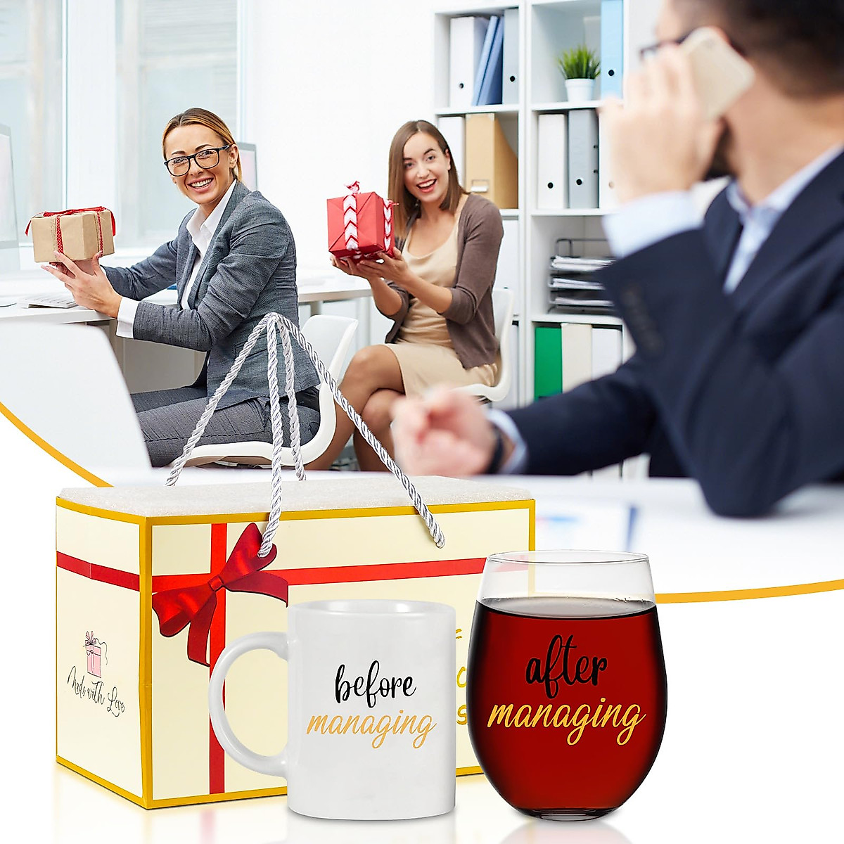 Gifts for Women, Before Managing, After Managing 11 oz Coffee Mug and 18 oz Stemless Wine Glass Set, Unique Boss Lady Appreciation Gifts for Women, Her, Mom, Coworker, Manager, Teacher, Boss