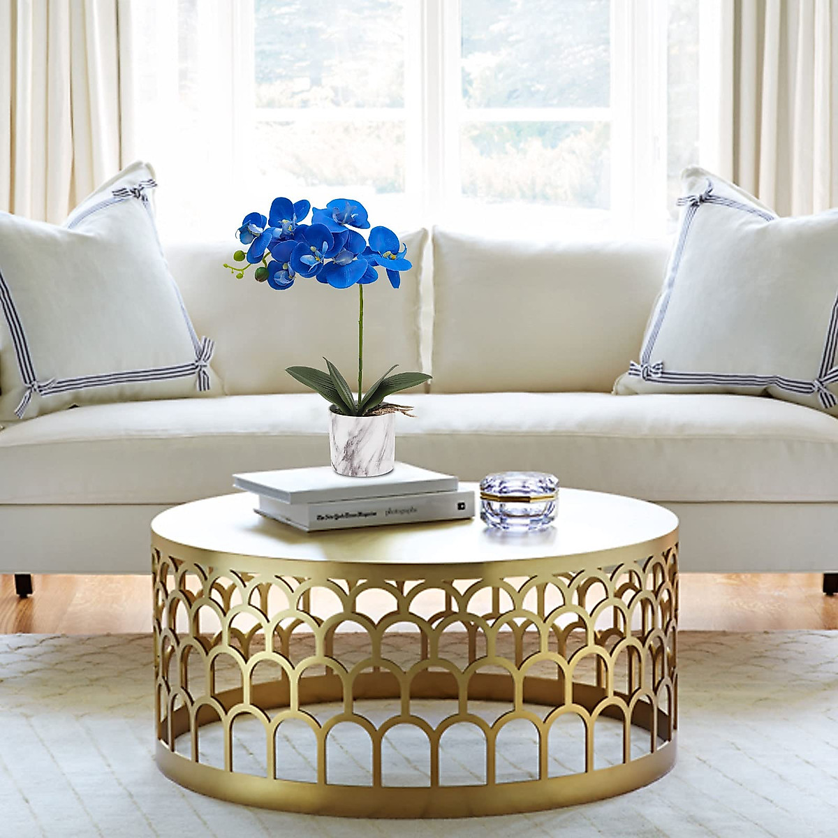 U'Artlines Artificial Orchid in White Pot Fake Phalaenopsis Flower Real Touch with Vase for Table Office Home Party Decoration (Medium, White)