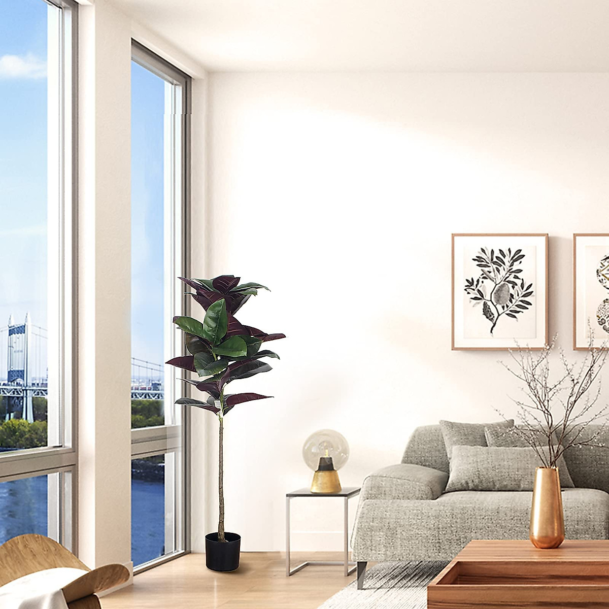 Tommino 4ft 2pcs Artificial Fiddle Leaf Fig Trees in Pot Natural Faux Ficus Lyrata Fake Greenery Plant for Home Office Decoration Indoor Outdoor Decor Living Room Garden