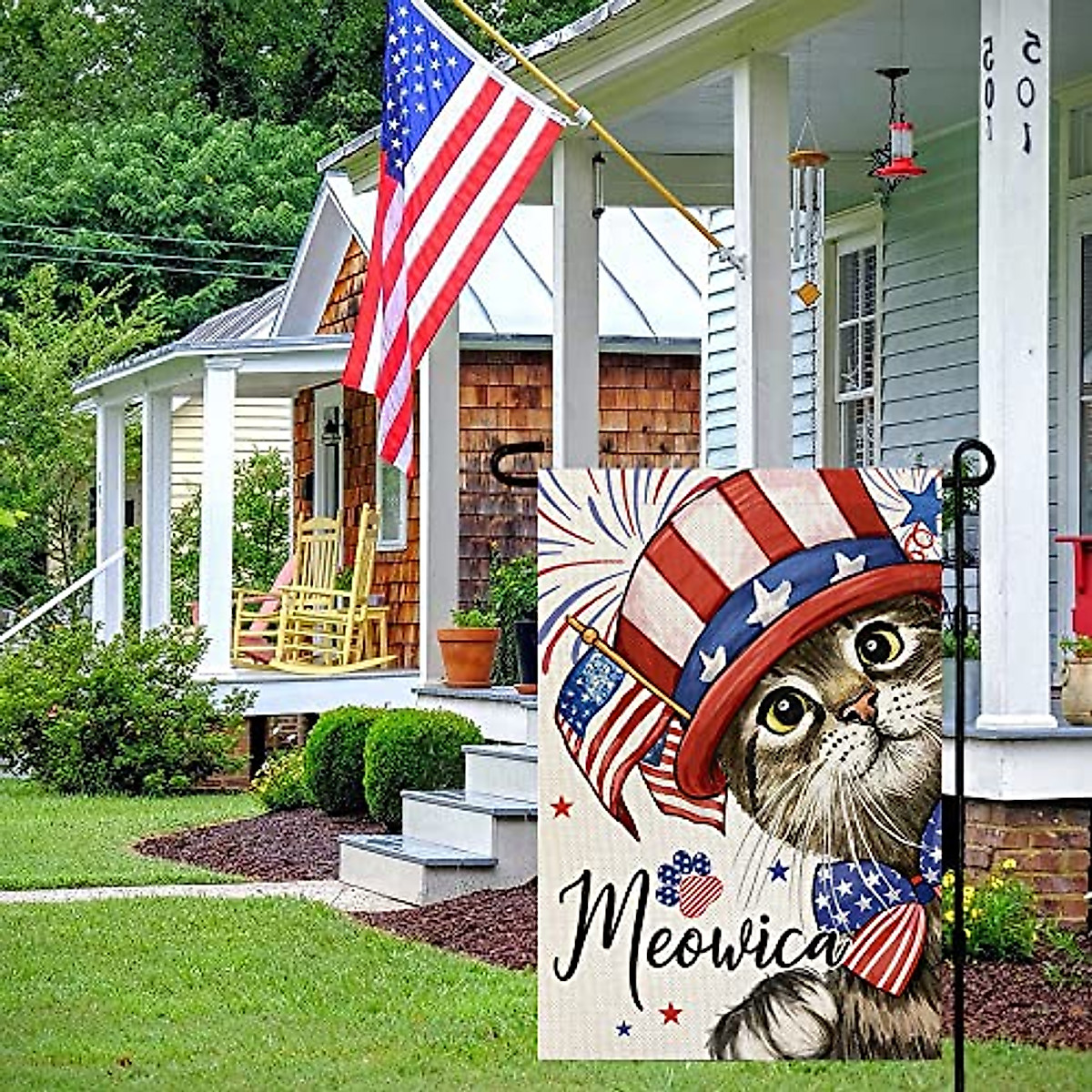 CROWNED BEAUTY 4th of July Patrioctic Cat Garden Flag 12x18 Inch Double Sided for Outside Memorial Day Welcome Blue Red Independence Day Yard Flag