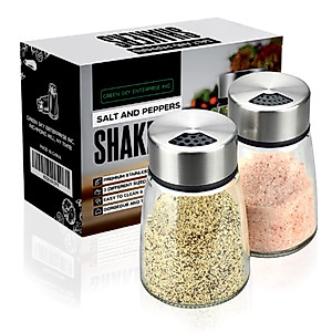 Elegant Salt and Pepper Shakers with Adjustable Pour Holes - Set of 2 - Premium Stainless Steel and Glass - Perfect Spice Dispenser Set for Your Delicious Meals