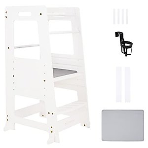 ELIMMAR Toddler Standing Tower - Wooden Learning Tower for Children - 5-Level Adjustable Height, Non-Slip Steps & Feet Pads, Silicone Mat, 2 Safety Bars - Helper Stool for Kids - White, 16x15.7x35.4