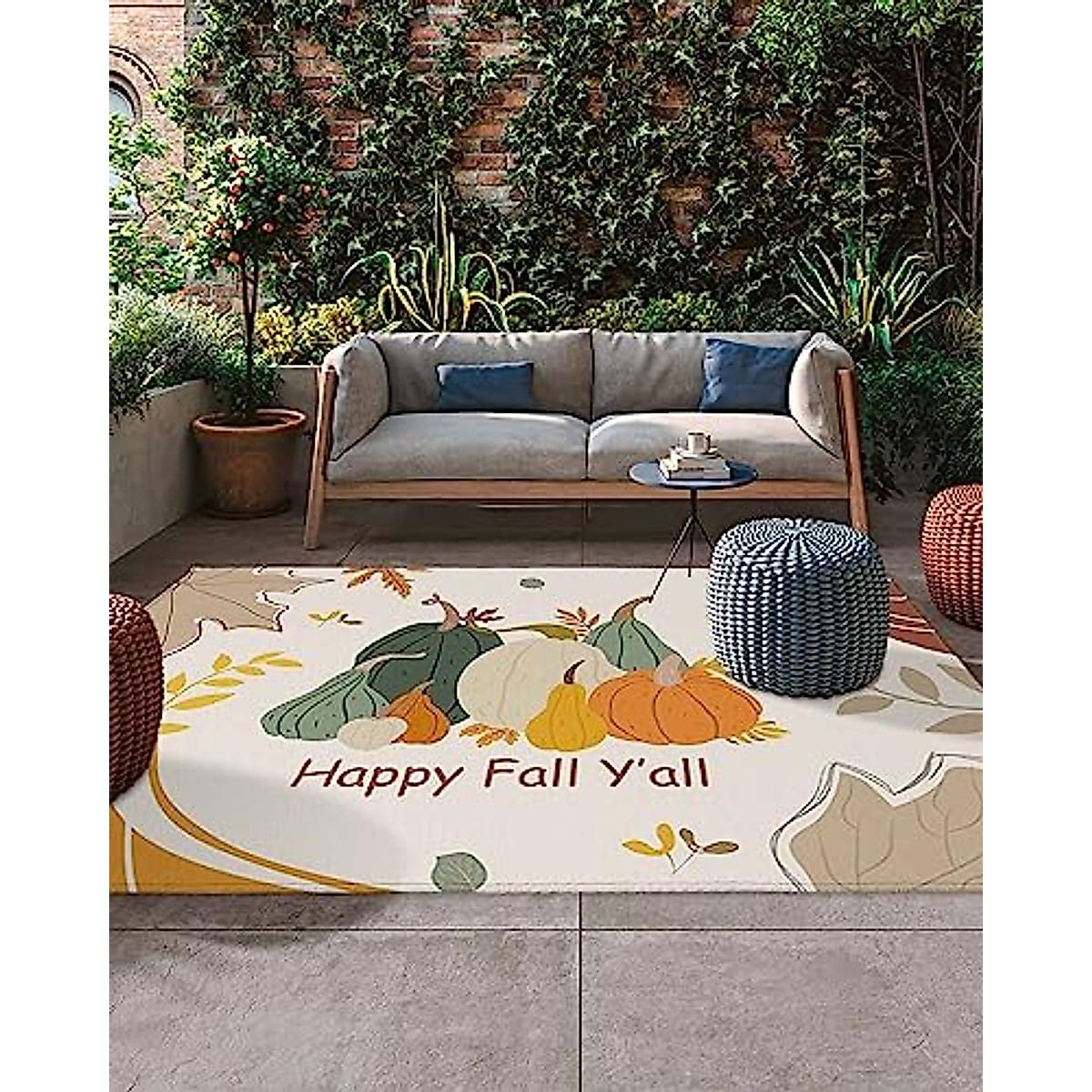 Fall Thanksgiving Outdoor Rug for Patio, Large Floor Mat Happy Y'all Boho Style Pumpkin Non Slip Area Rug Rubber Backing Quick Dry Clearance Carpet for Camping Rugs, Garden, Lawn, Deck, Porch, 6' x 9'