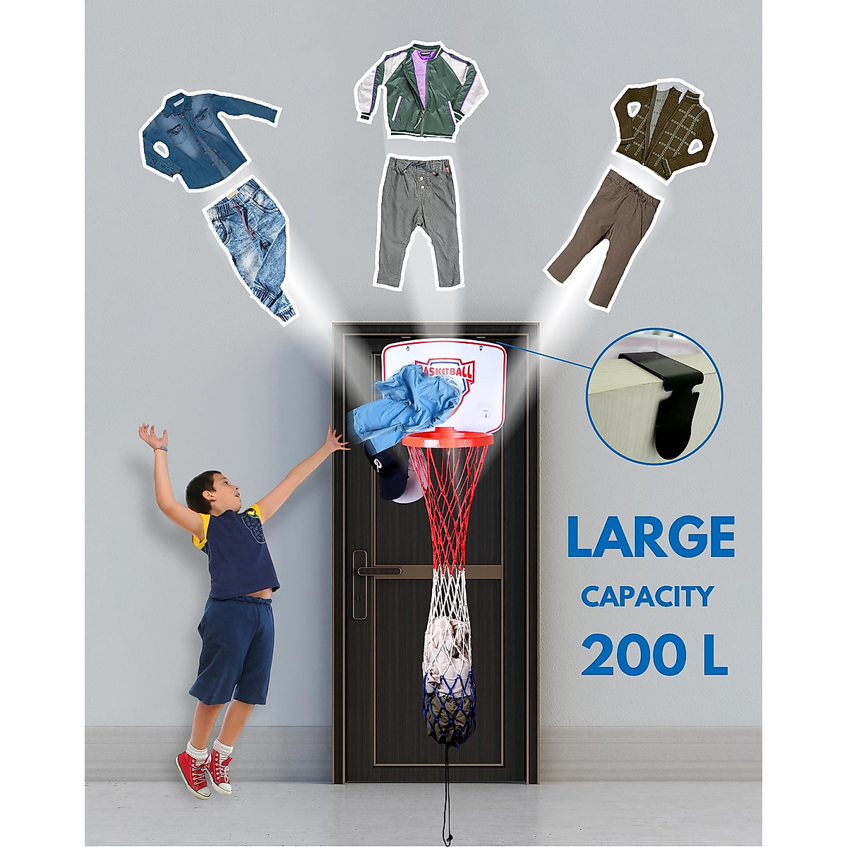 CT SPORTS Basketball Laundry Hamper for Kids - Slam Dunk Fun! Over The Door 2 In 1 Hanging Basketball Hoop Basketball Hamper Gift for Boys & Girls - Keeps Clothes Off the Floor & Encourages Tidiness