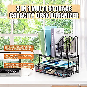 Beiz Desk Organizer and Accessories Storage with 5 Vertical File Folder Holders, 2 Paper Tray, Drawer for Office, Home, Dorm, Workspace to Collect Office Supplies (Black)