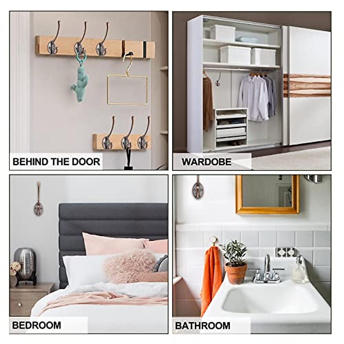 Bonsicoky 4 PCS Farmhouse Wall Mounted Coat Hooks, Decorative Heavy Duty Double-Hook Wall Hooks with Screws for Coats Bags Hats Towels - Black