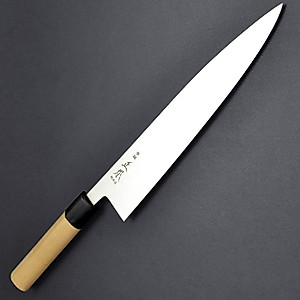 MASAMOTO KS Japanese Gyuto Chef's Knife with Sheath 9.5" (240mm) Made in JAPAN, Professional Kitchen Chef Knife, Ultra Sharp Japanese Carbon Steel Blade, Wood Wa Handle, Black Ferrule