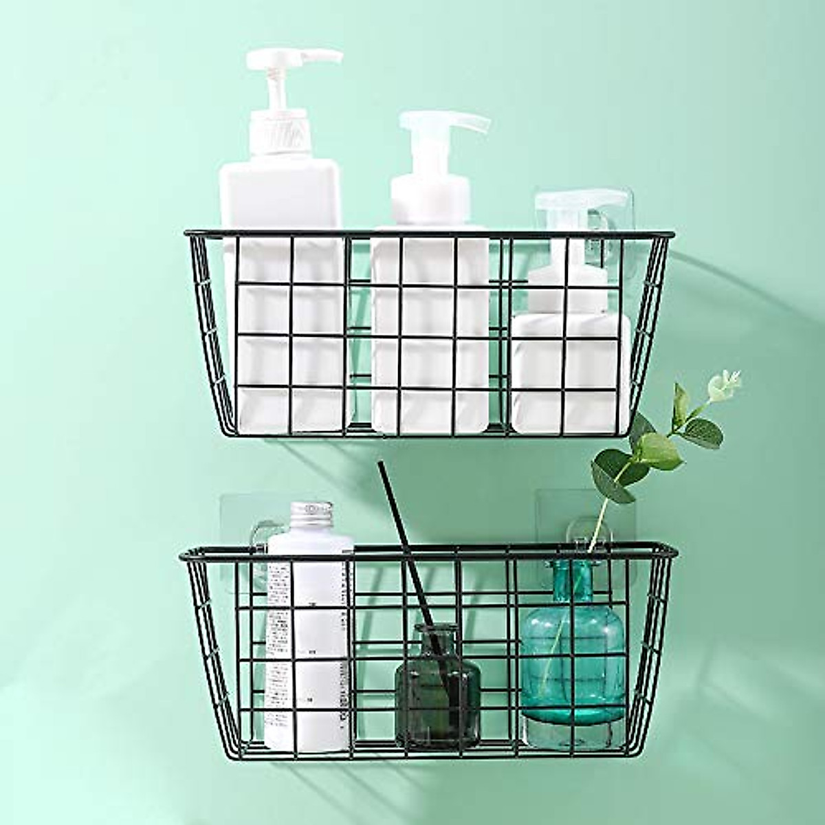 MaraFansie Hanging Kitchen Baskets Wire Storage Basket Adhesive Basket Over the Cabinet Door Organizer No Drilling, for Cabinet Pantry Organization and Kitchen, Bathroom, Storage, 2 Pack, Black