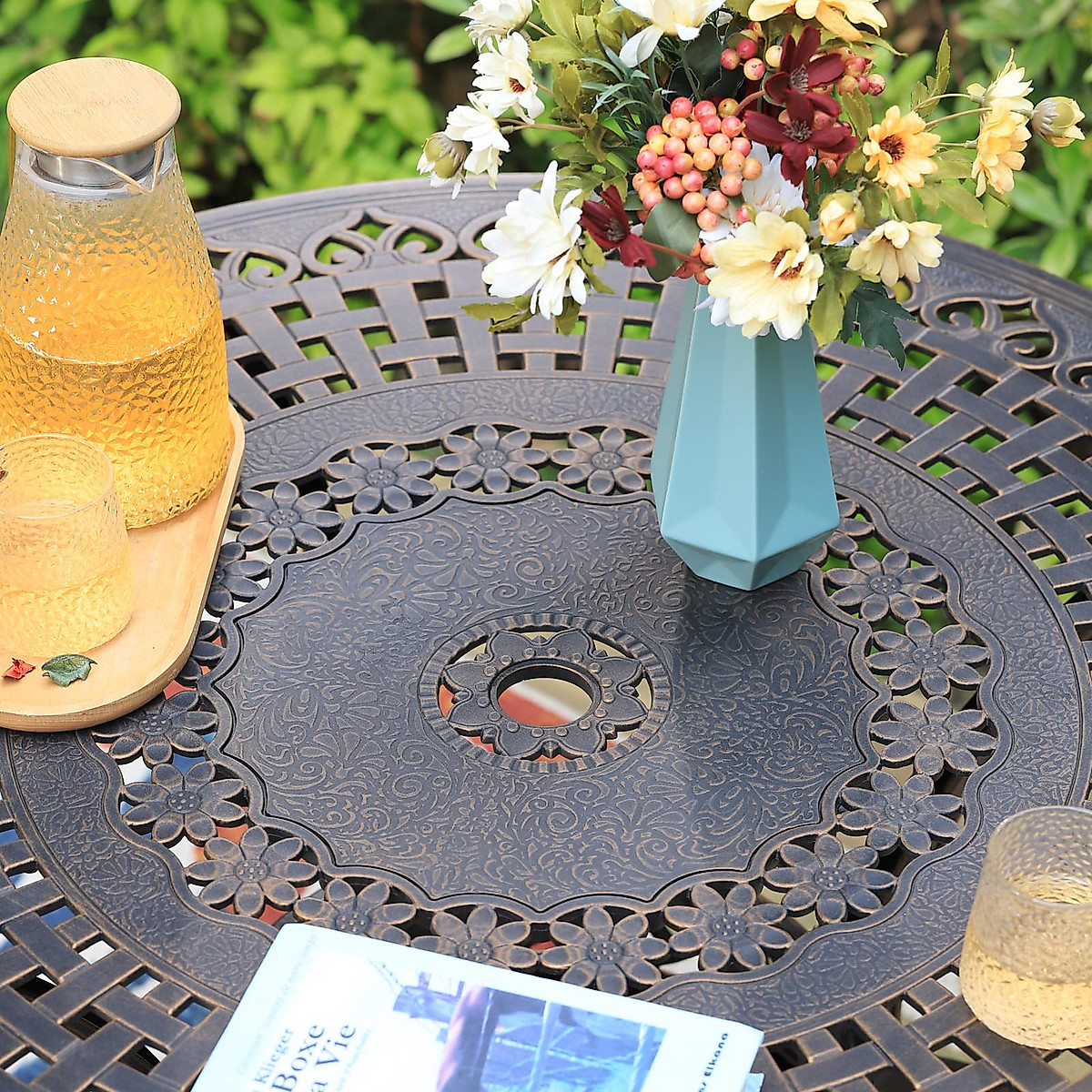 Sophia & William Cast Aluminium Patio Dining Table Round with 1.97" Umbrella Hole, Premium Bronze Outdoor Bar Bistro Table for Porch Balcony Backyard, 39" Dia x 28.3" H