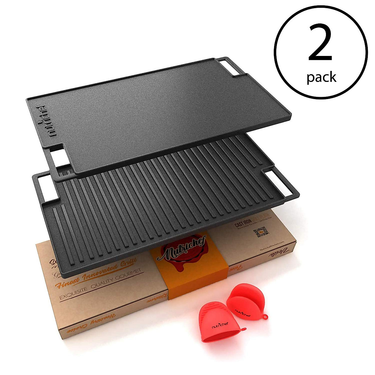 NutriChef 18 Inch Cast Iron Griddle Skillet Reversible Grilling Plate Pan For Stove Top with Heat Resistant Oven Grab Mitt, Black (2 Pack)