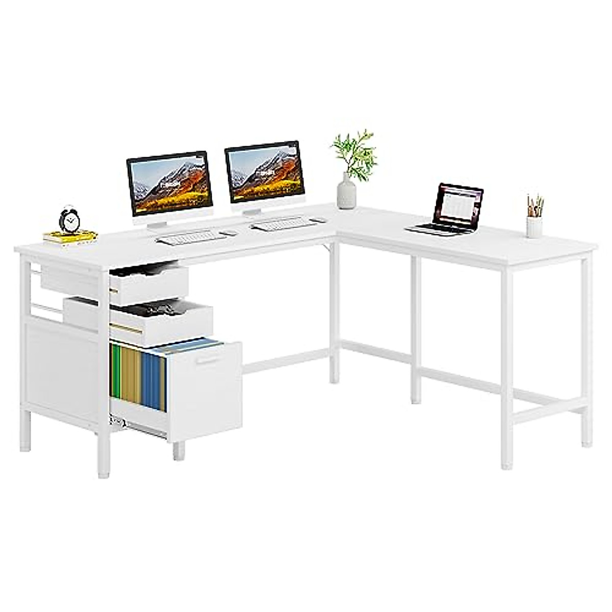 Tribesigns L Shaped Desk with File Drawer Cabinet, 59 Inch Corner Desk L Shaped Computer Desk with Drawers, PC Table Writing Desk for Home Office, White