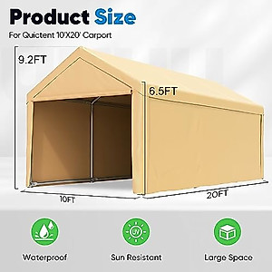 Quictent 10’x20’ Carport Heavy Duty Car Canopy Galvanized Car Shelter with Reinforced Steel Cables and Ground Bars-Beige